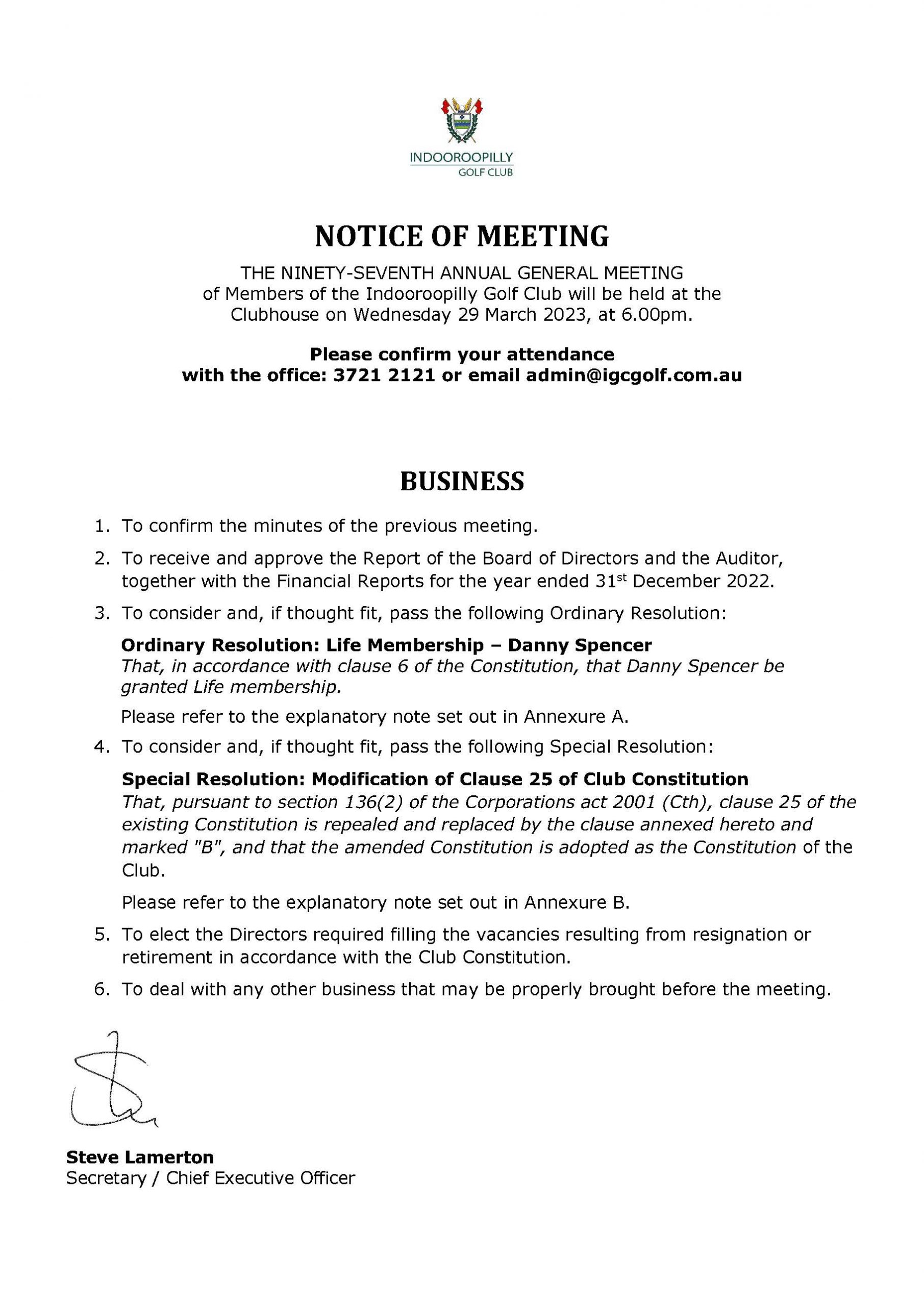 2023 AGM Notice of Meeting - Indooroopilly Golf ClubIndooroopilly Golf Club